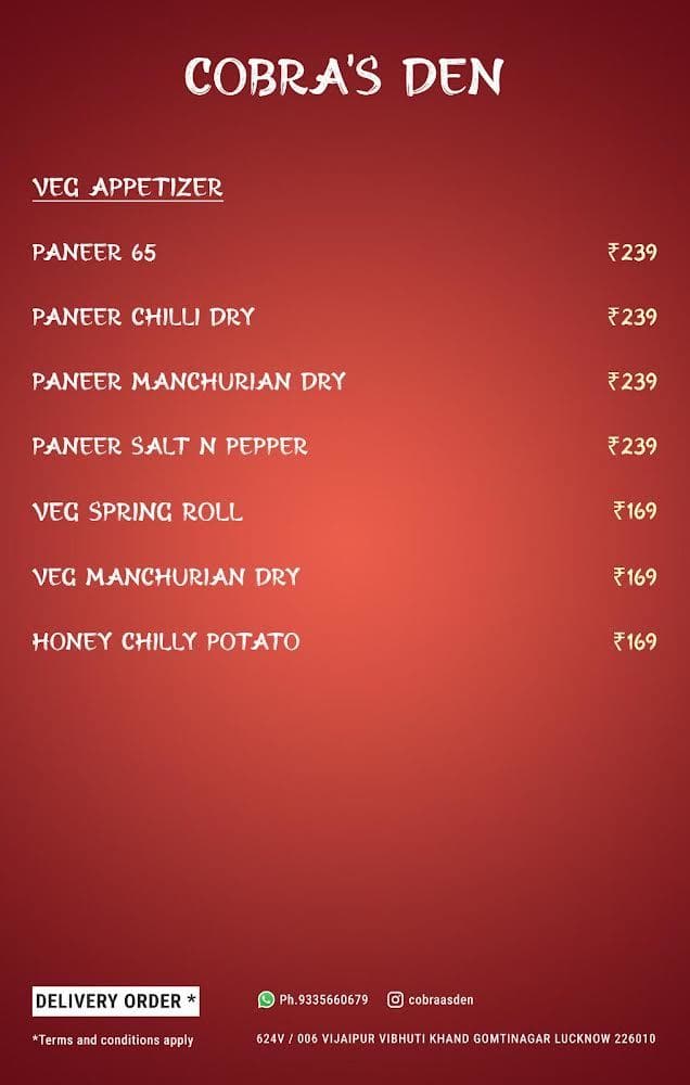 Menu of Cobra’s Den, Gomti Nagar, Lucknow