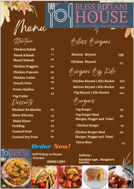 Menu of Bliss Biryani House, RT Nagar, Bangalore