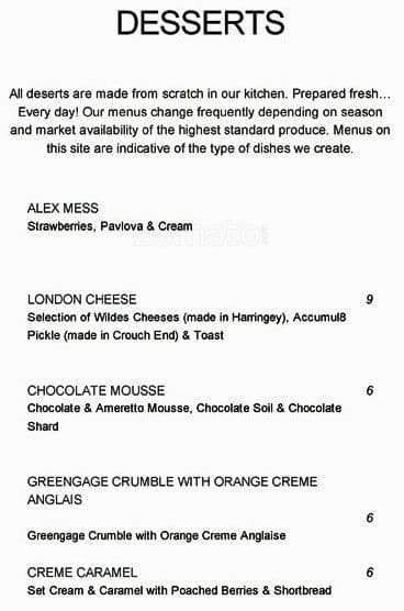 Menu at The Alex restaurant, London, The Princess Alexandra P H
