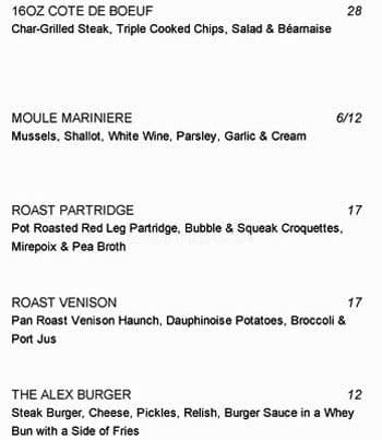 Menu at The Alex restaurant, London, The Princess Alexandra P H