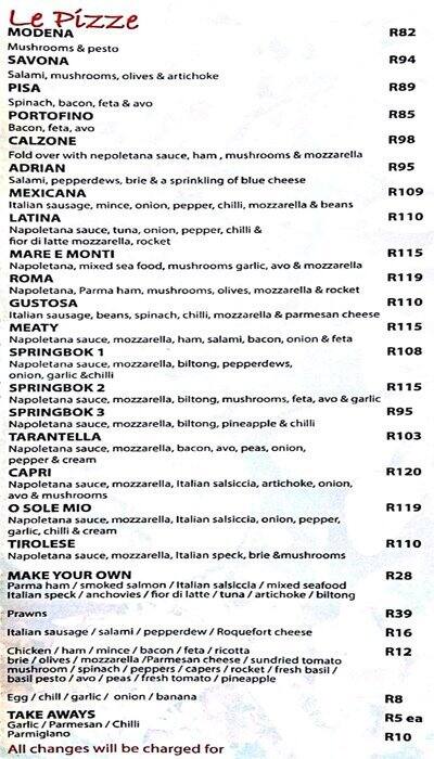Menu at Forneria Italia Table View restaurant, Cape Town, 1 Dianthus Rd