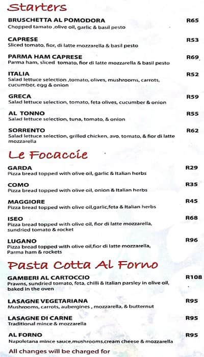 Menu at Forneria Italia Table View restaurant, Cape Town, 1 Dianthus Rd
