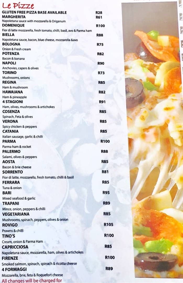 Menu at Forneria Pizza restaurant, Cape Town