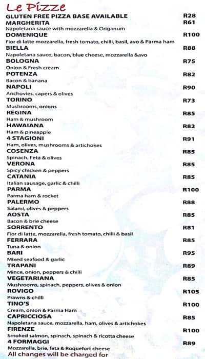 Menu at Forneria Italia Table View restaurant, Cape Town, 1 Dianthus Rd