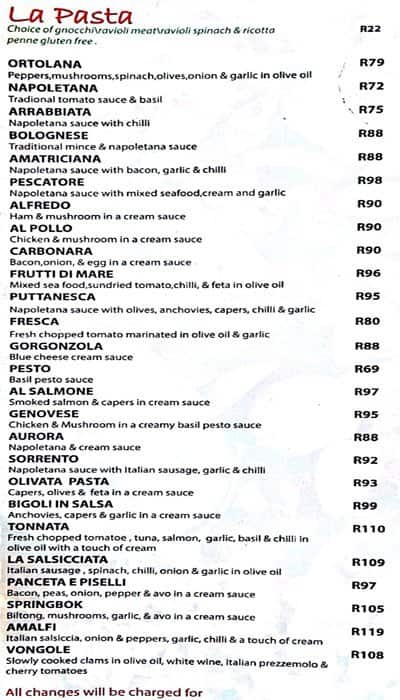 Menu at Forneria Italia Table View restaurant, Cape Town, 1 Dianthus Rd