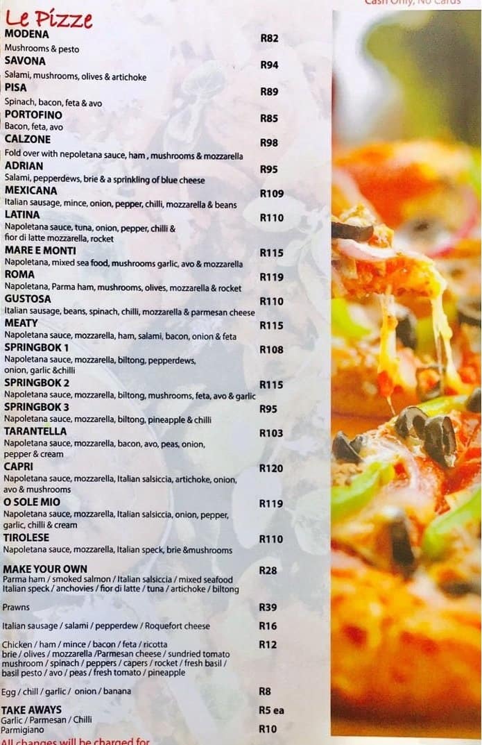 Menu at Forneria Pizza restaurant, Cape Town