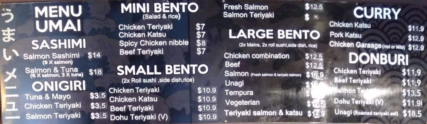 Menu at UMAI Sushi and Donburi House restaurant, Auckland