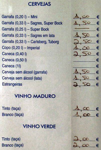 Menu at Di'Versus Bar, Lisbon