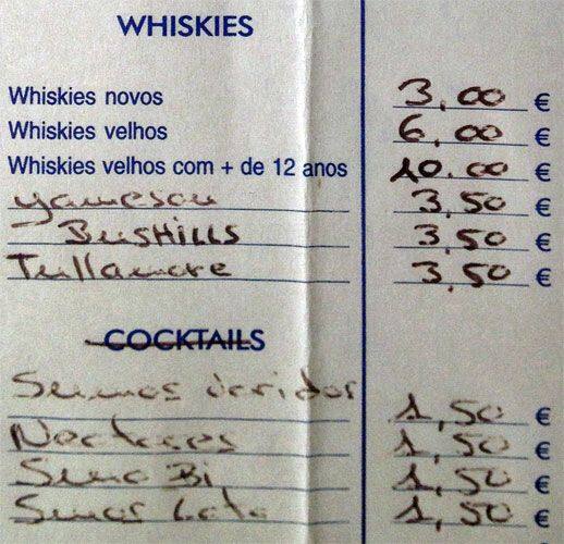 Menu at Di'Versus Bar, Lisbon