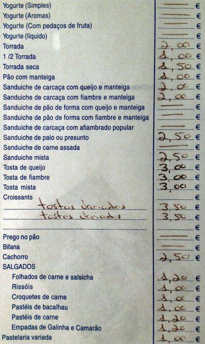 Menu at Di'Versus Bar, Lisbon