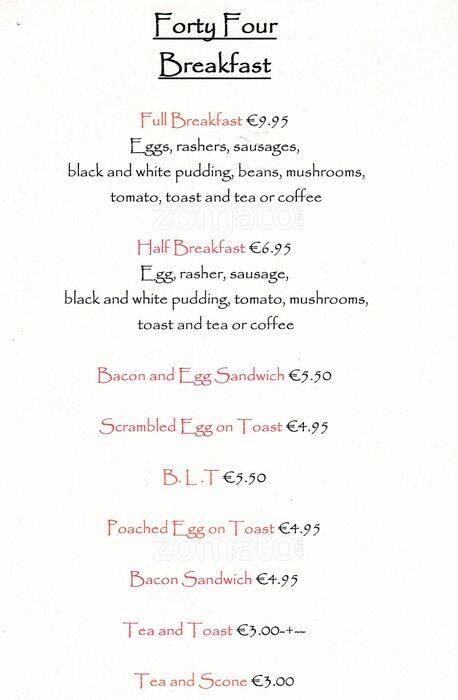 Menu at Forty Four Main Street restaurant, Swords, 17 Holywell Manor
