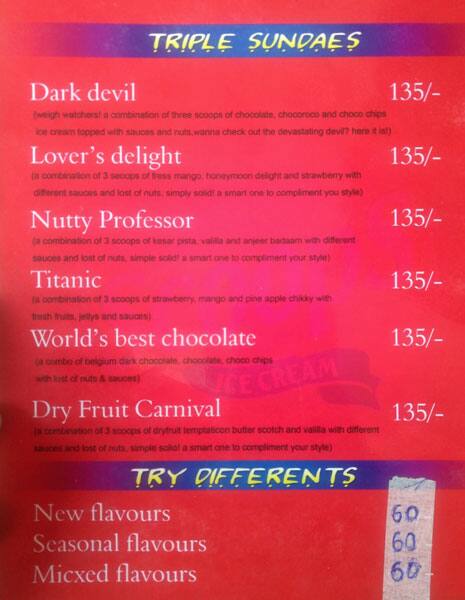 Menu at Scoops, Hyderabad, CF78+46W