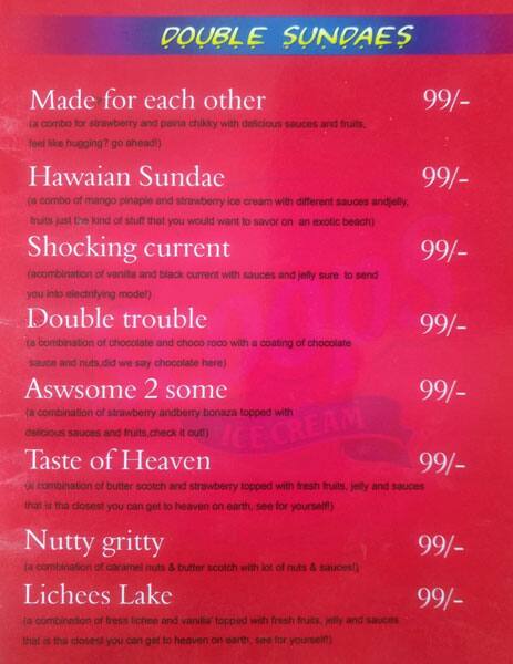 Menu at Scoops, Hyderabad, CF78+46W