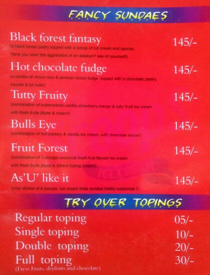 Menu at Scoops, Hyderabad, CF78+46W
