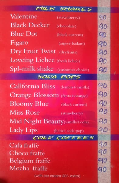 Menu at Scoops, Hyderabad, CF78+46W