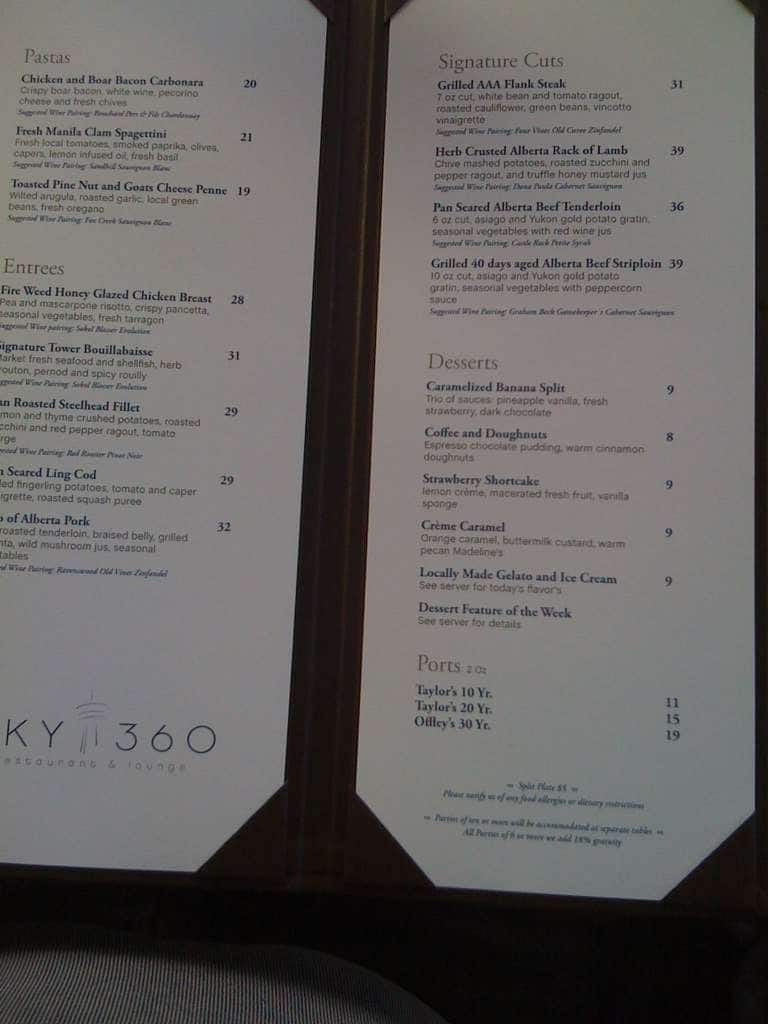 Menu at Sky 360 restaurant, Calgary