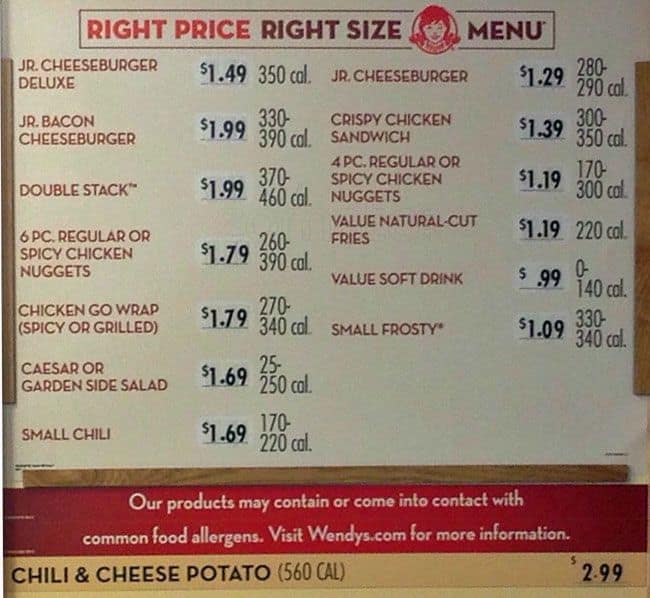 Menu at Wendy's fast food, Redwood City, El Camino Real