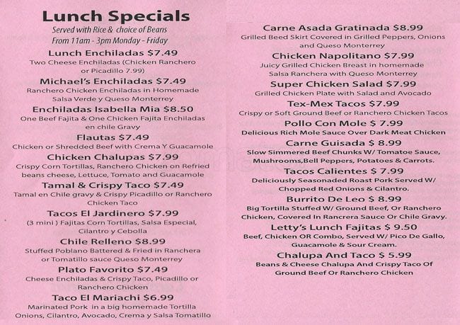 Menu at Carmelita's restaurant, Bellaire, Bellaire Blvd