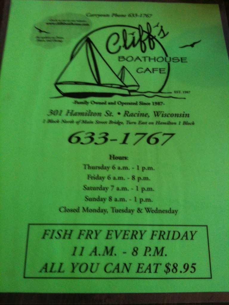 Menu at Cliff's Boathouse Cafe, Racine