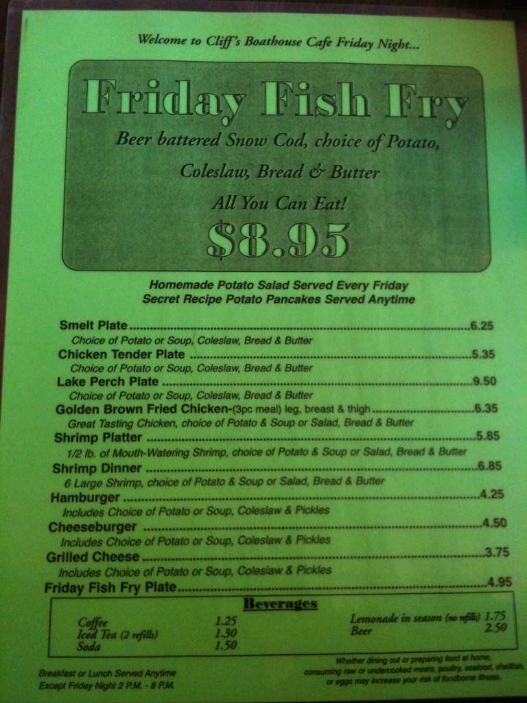 Menu at Cliff's Boathouse Cafe, Racine