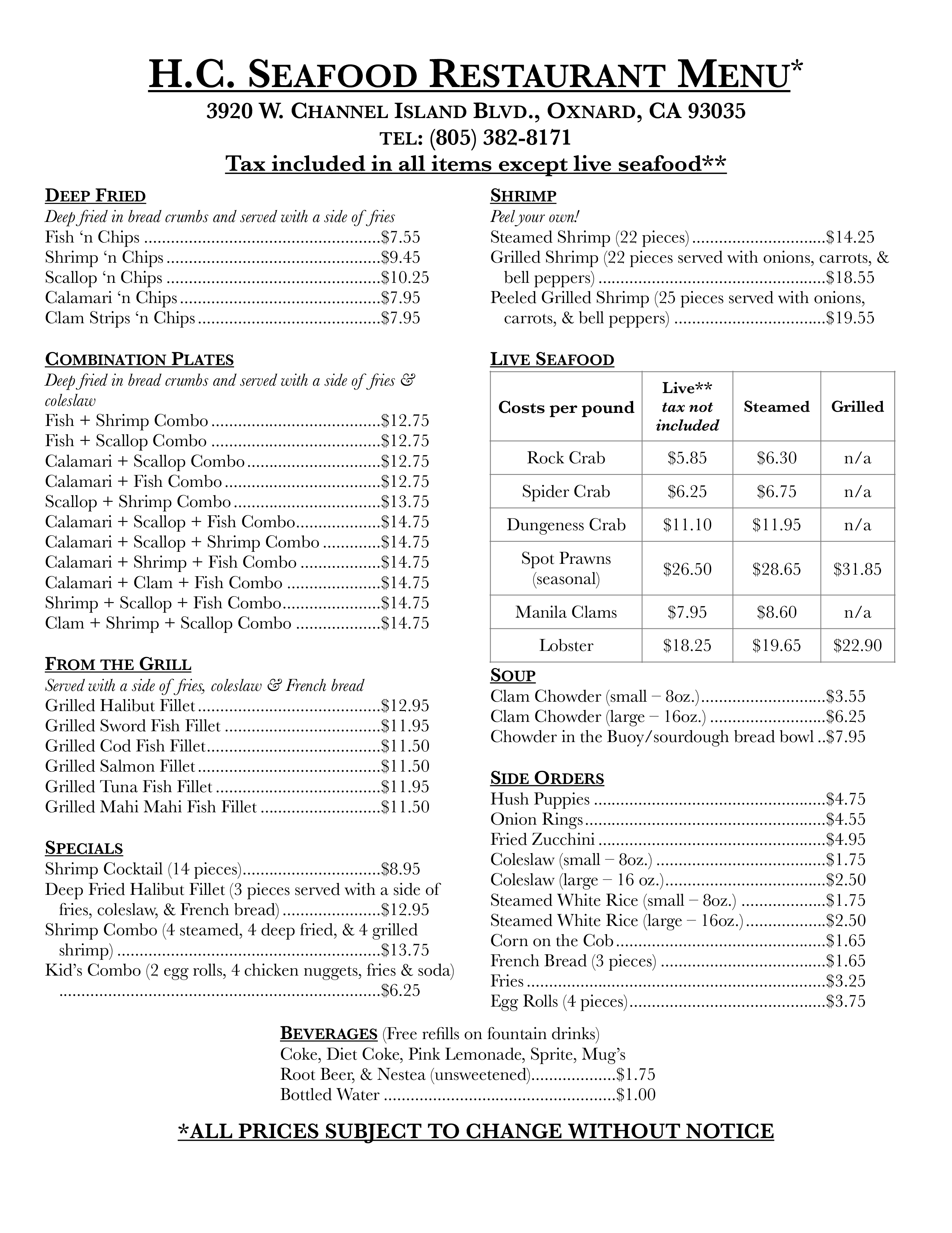HC Seafood Inc Menu, Menu for HC Seafood Inc, Oxnard, Ventura County ...