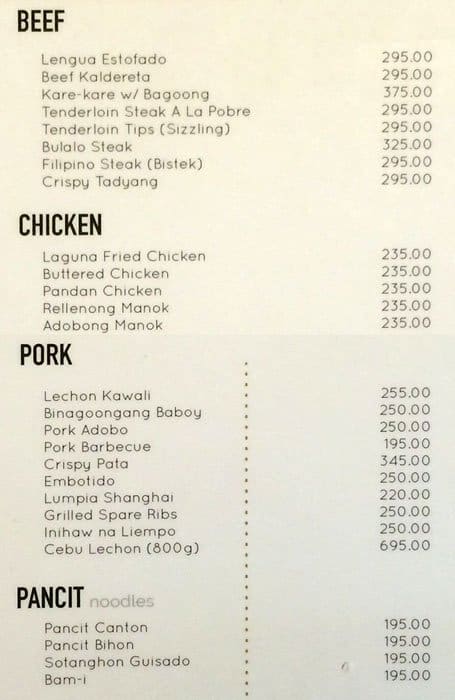 Menu at Café Laguna restaurant, Cebu City, SM City Cebu