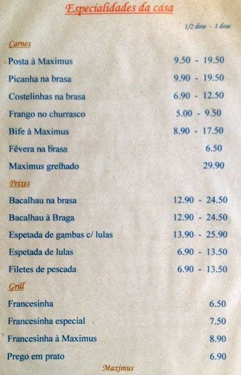 Menu at Maximus restaurant, Vila Nova de Gaia