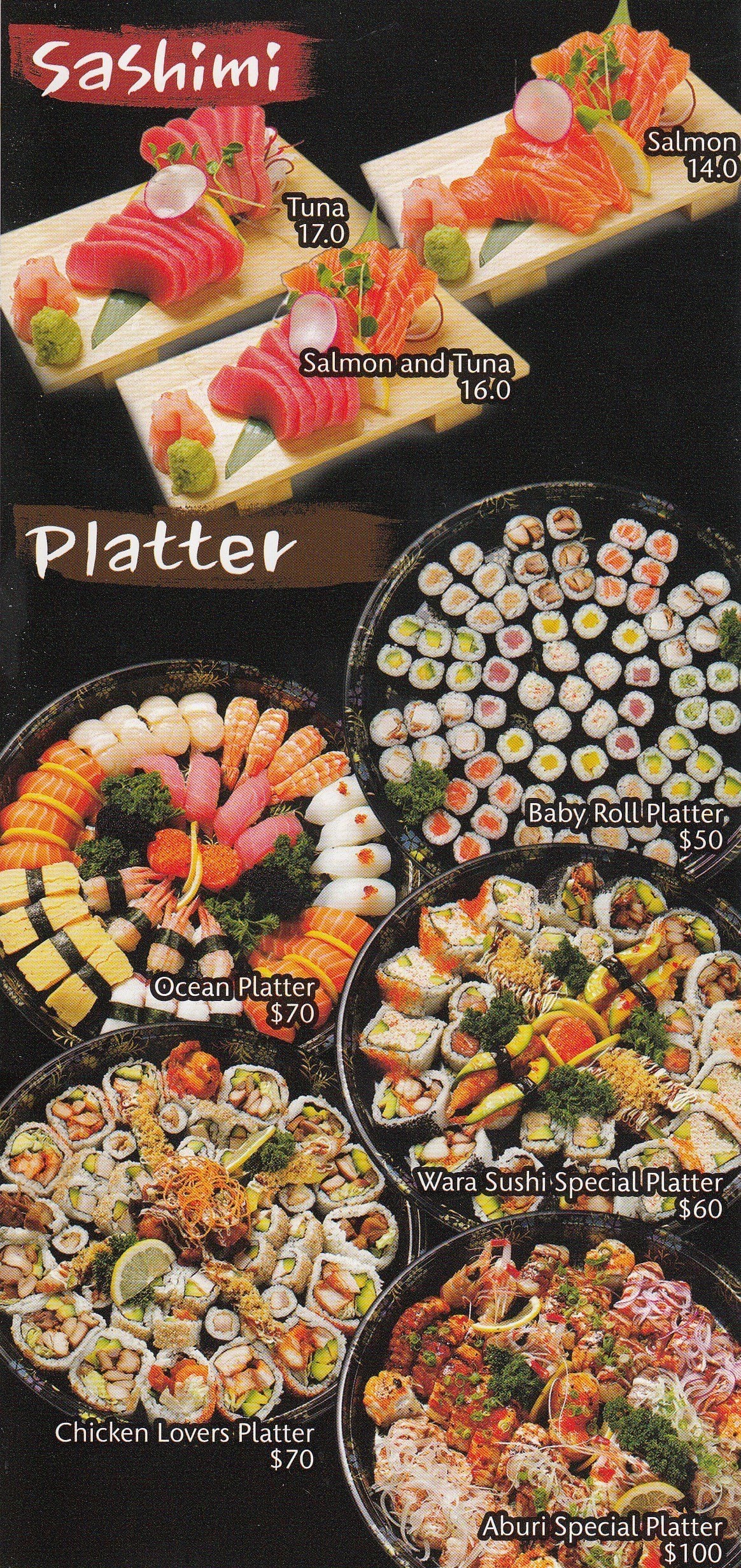 Menu at Wara Sushi restaurant, Meadowbrook