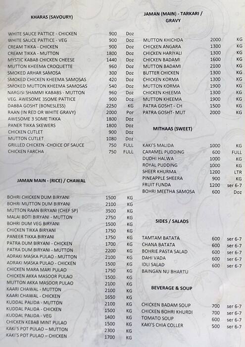 Menu of Kaka Kaki, Santacruz West, Mumbai