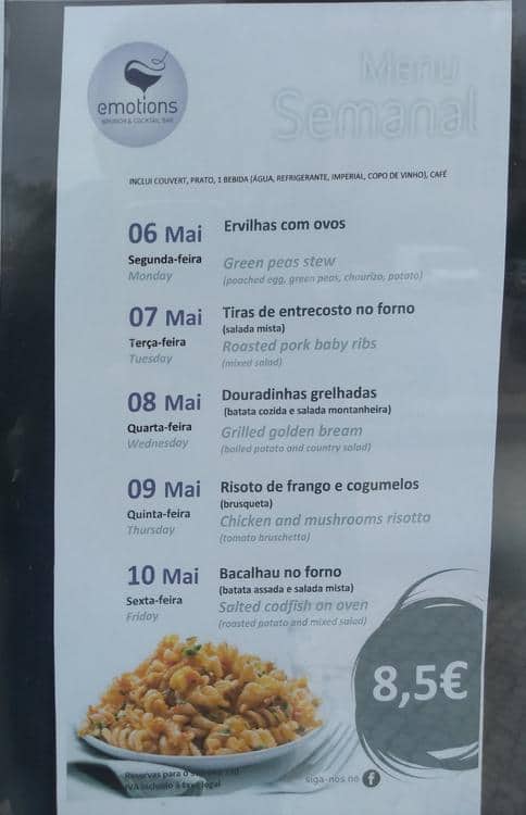 Menu at Emotions pub & bar, Olhão