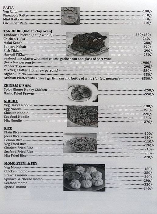 Menu at Chika Palace, Arambol