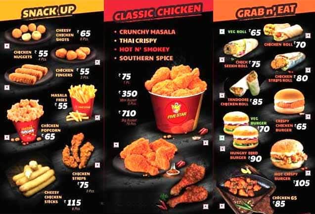 Menu of Five-Star Chicken, Jakkur, Bangalore