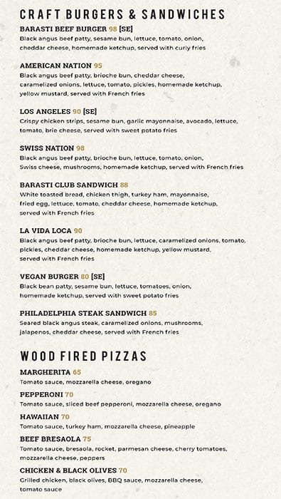 Menu at Barasti Beach, Dubai