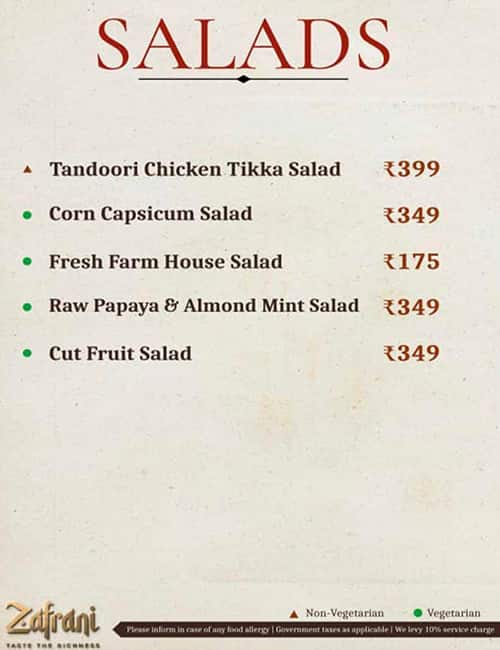 Menu of Zafrani Restaurant, Ambala Road, Zirakpur