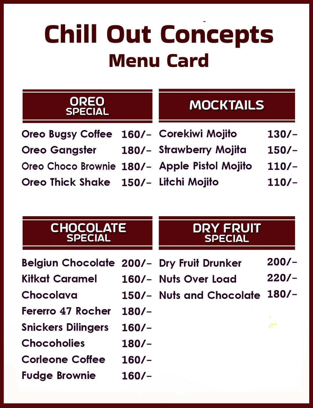 Menu of ChillOut Concepts, Moti Nagar, Hyderabad