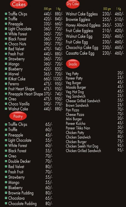 Menu of Sethi's The Cake Shop, Subhash Nagar, New Delhi