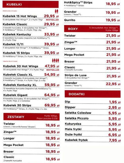 Menu at KFC Kraków ECE Kiosk restaurant, Kraków, Pawia 5 Galeria ...