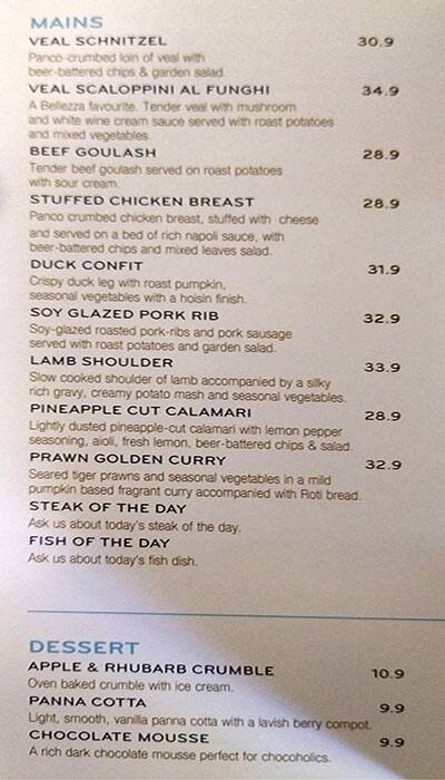 Menu at Bellezza Restaurant, Malvern