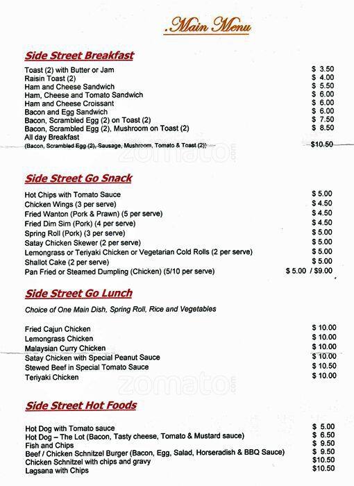 Carta de Side Street Cafe 小巷餐廳, Adelaida