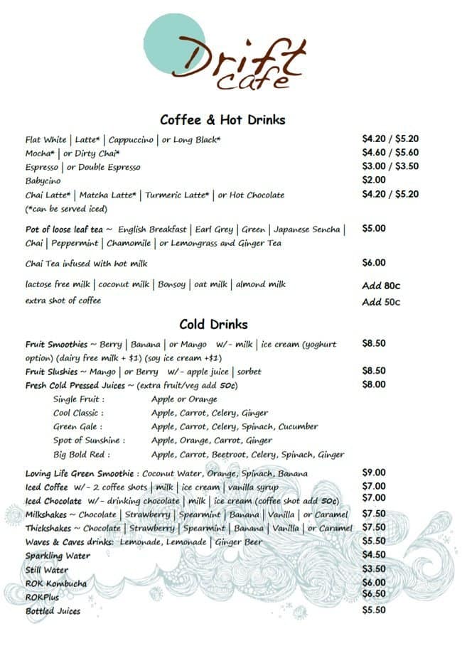 Menu at Drift Cafe Margaret River, Margaret River
