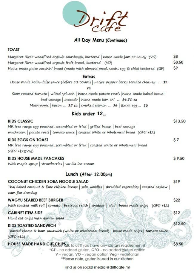 Menu at Drift Cafe Margaret River, Margaret River