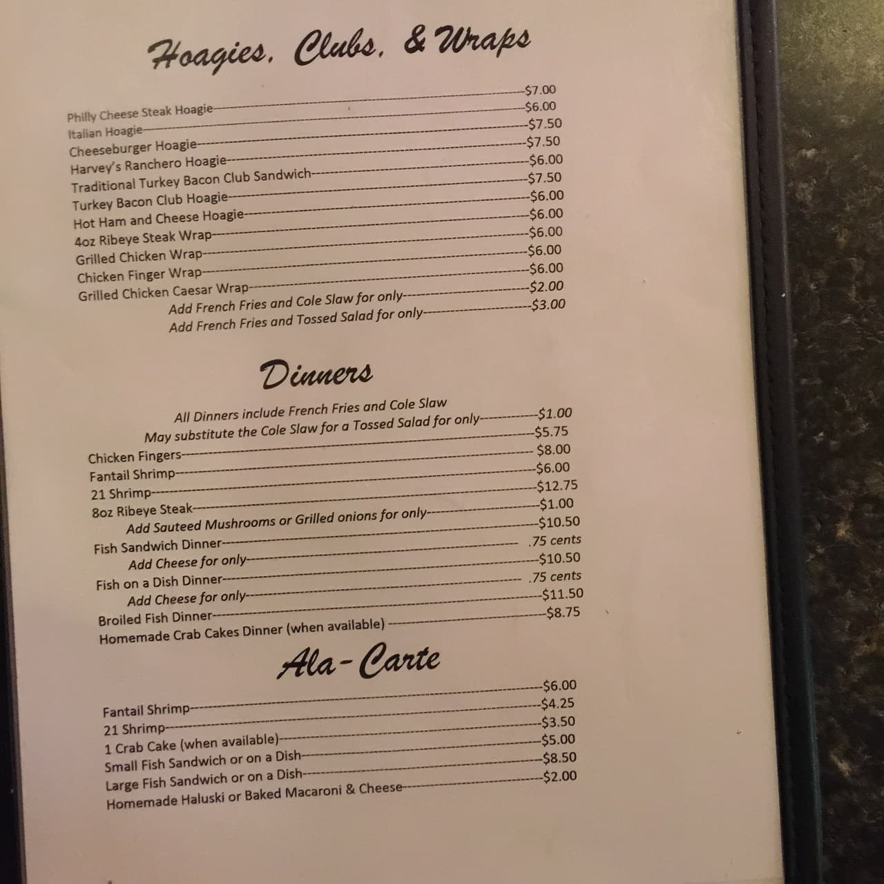 Menu at Harvey Wilner's Village Tavern fast food, West Mifflin