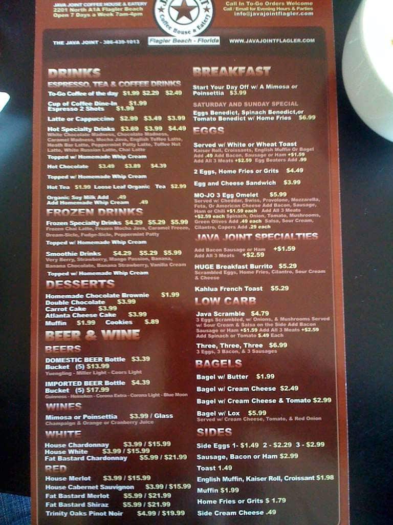 Java Joint Menu, Menu for Java Joint, Flagler Beach, Daytona Beach ...