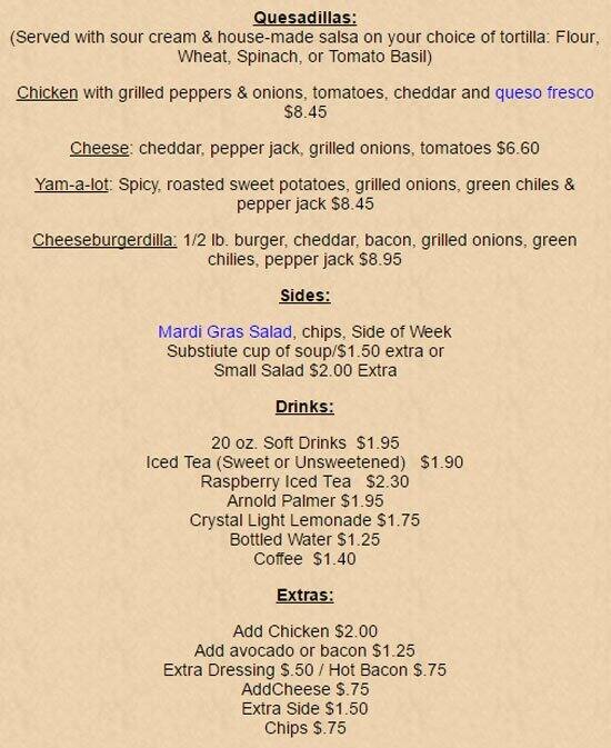 Menu at 531 Liberty cafe, Houma