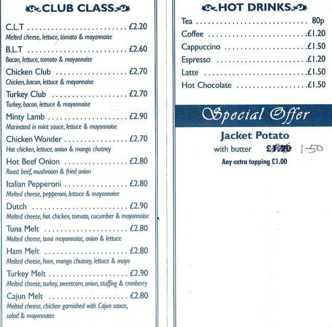 Menu at Vanilla Fudge Sandwich Shop fast food, Manchester, 61 Bridge St