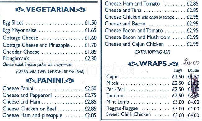 Menu at Vanilla Fudge Sandwich Shop fast food, Manchester, 61 Bridge St
