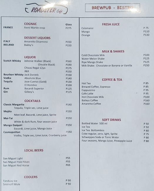 Menu at Roadster Cafe, Pasig