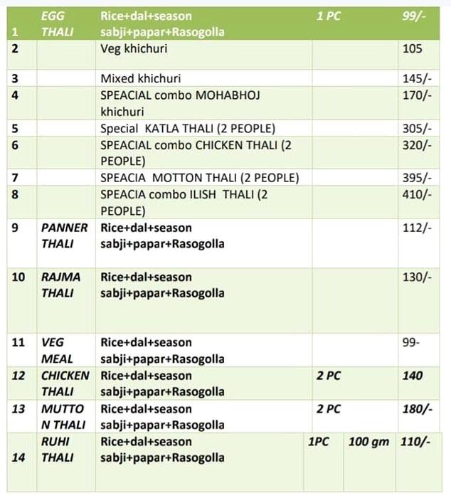 Menu of Bhojohari Ranna, Khardah, Kolkata
