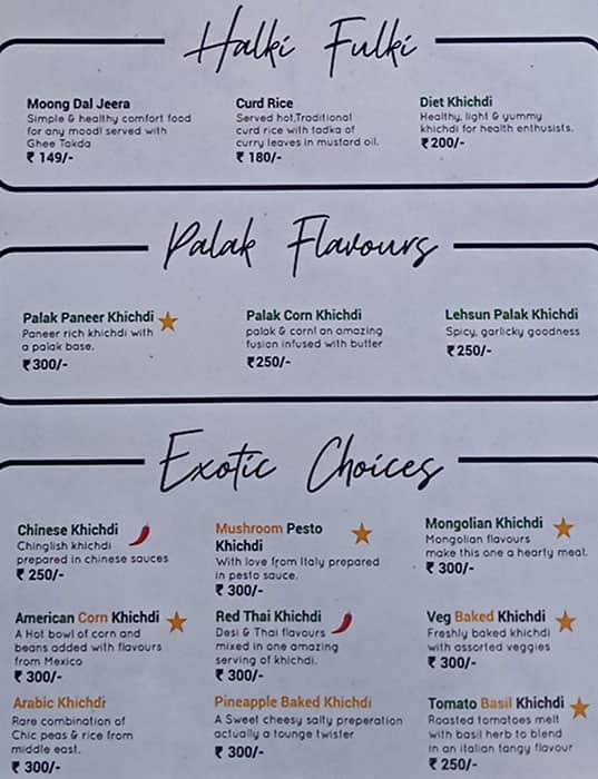 Menu of Khichdi Nation, By Pass Road (North), Indore