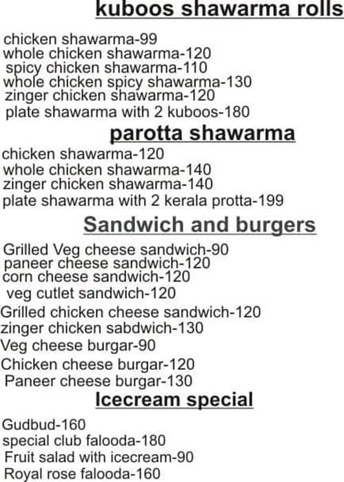 Menu of Shawarma Club, Yelahanka, Bangalore